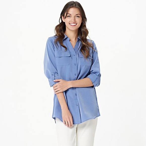 Denim&Co | Tops | New Denim Co Roll Tab Sleeve Button Front Soft ...